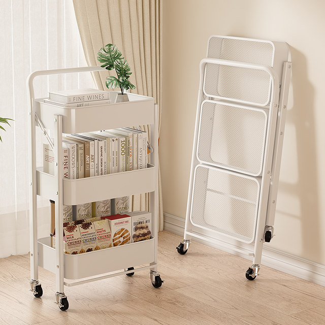 Foldable bookshelf trolley storage rack floor-standing mobile wheeled ...