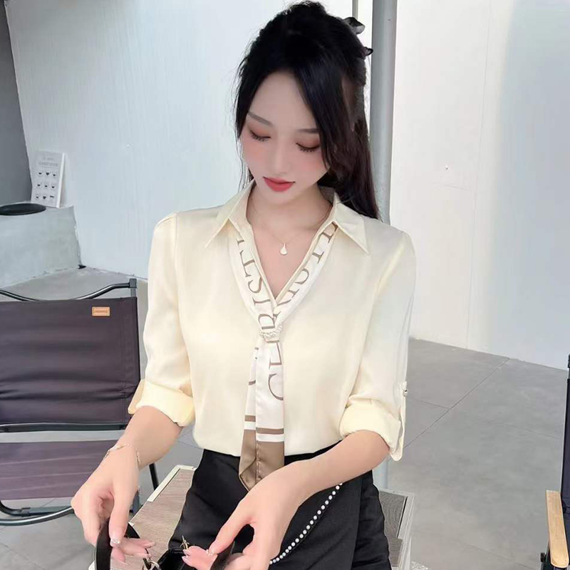 2024春秋女装衬衫通勤职场上班领带OL气质淑女潮流纯色套头衬衣-Taobao