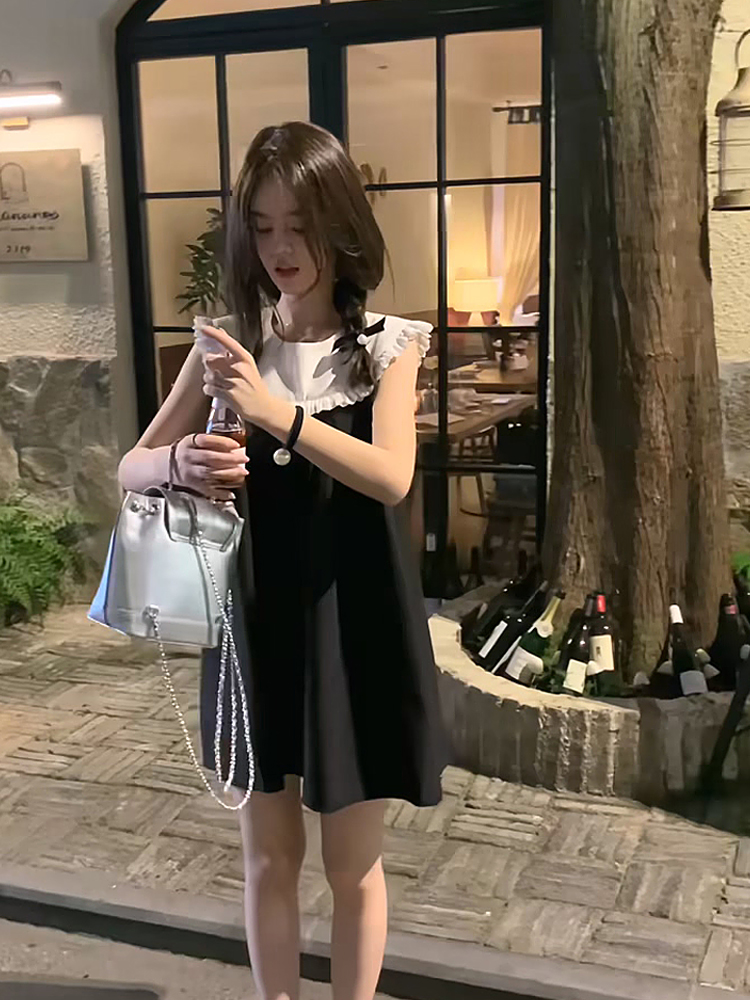 韓系赫本風木耳邊拼接寬鬆洋裝2023夏季新款別致洋派減齡娃娃裙-Taobao