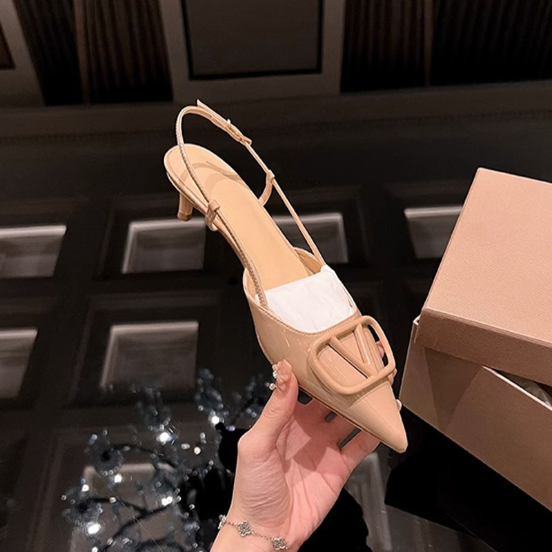 2024夏季新款v家v扣粉色高跟涼鞋女鞋細跟尖頭淺口啞光裸色單鞋-Taobao