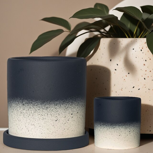 Black simple balcony round clay flower pot with tray succulent ...