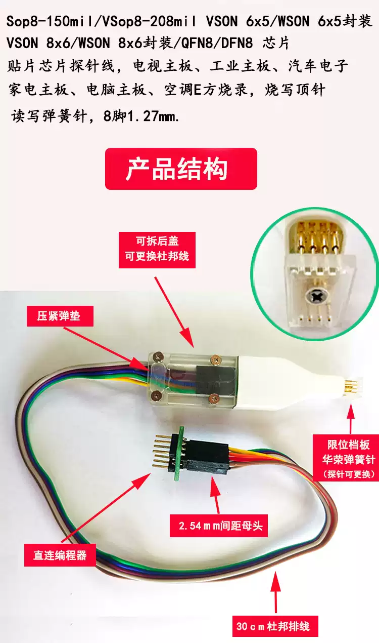 SOP8貼片燒錄探針 WSON8/QFN8測試頂針 適用ROM硬碟與空調EEPROM燒寫元件