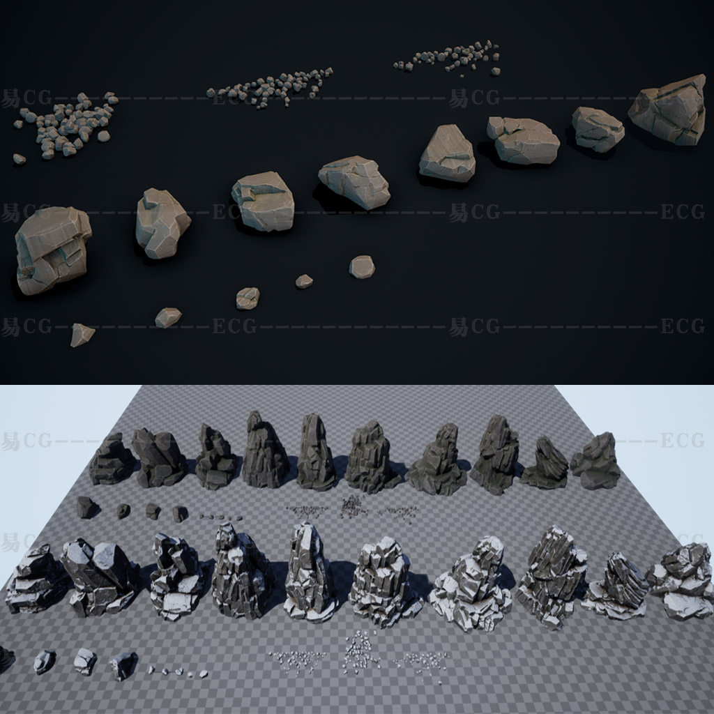 UE5虚幻4/5 Stylized Gray Rock风格化灰色岩石模块化石头模型附带雪｜游戏美术资源天花板来了！-AI壁纸-淘宝好物网