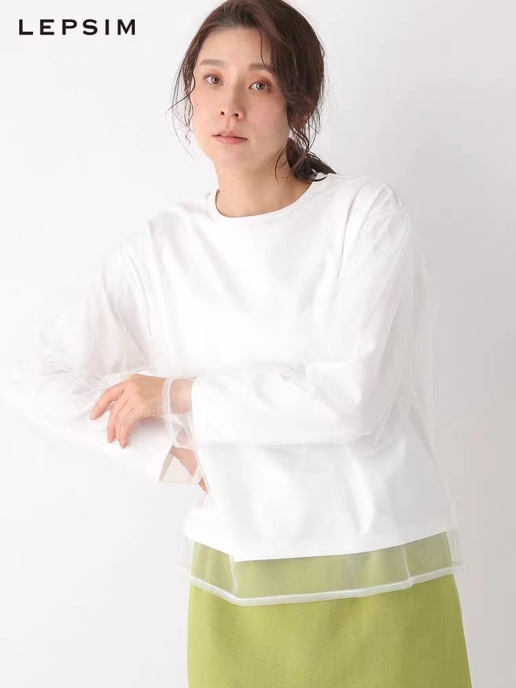外贸原单秋季新款网纱分层设计感小众长袖T恤套头圆领衫女LEPSIM