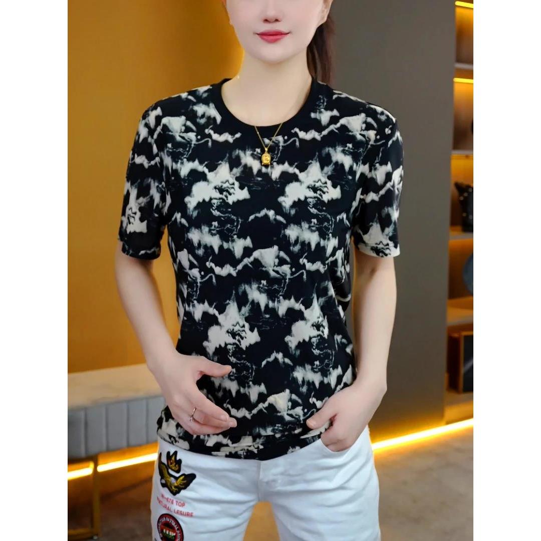 夏季新款網紅輕奢潮流個性品質百搭顯瘦印花時尚男士冰涼圓領短袖