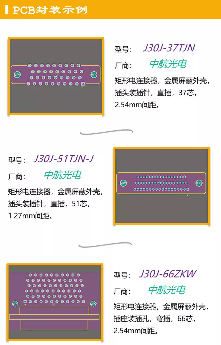 中航光电J30J系列矩形电连接器PCB封装库 JONHON AD格式 带3D模型