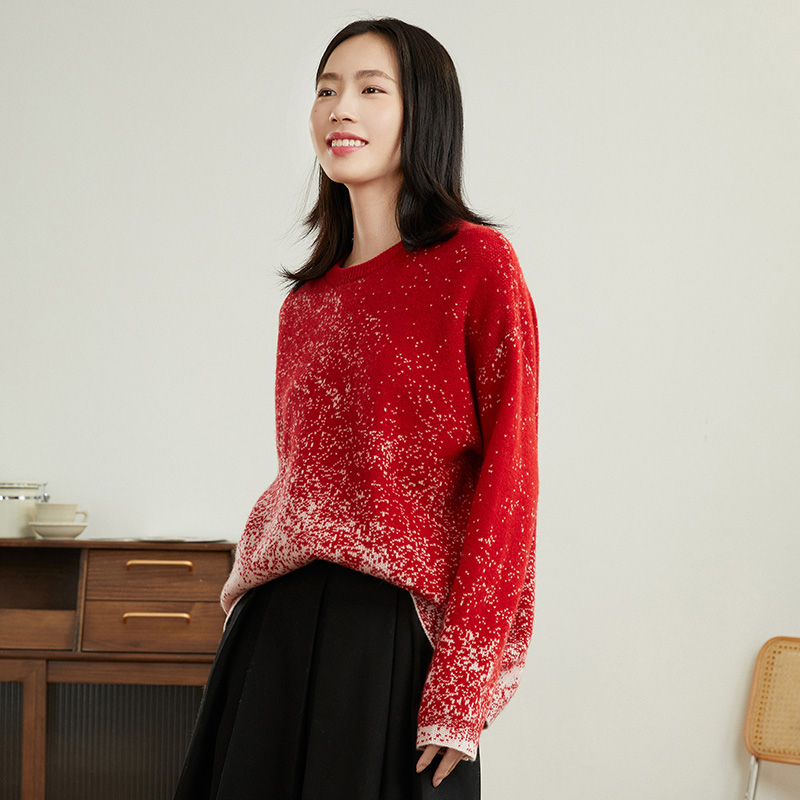 2023新款星空羊绒衫红色渐变宽松显瘦针织衫百搭流行款-Taobao