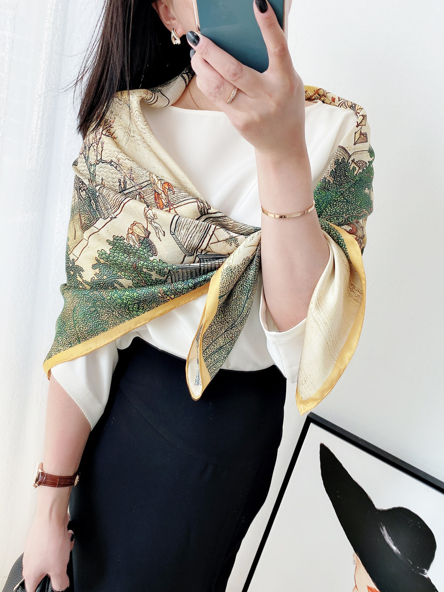 [Qingming Riverside] Elegant Chinese style mulberry silk square high ...