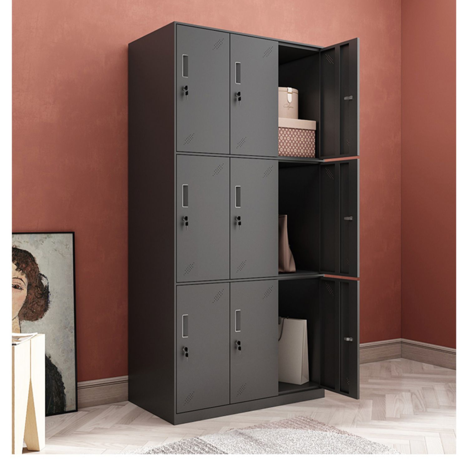 黑色更衣柜员工宿舍铁皮储物柜带锁加厚收纳柜健身房更衣室换衣柜-阿里巴巴