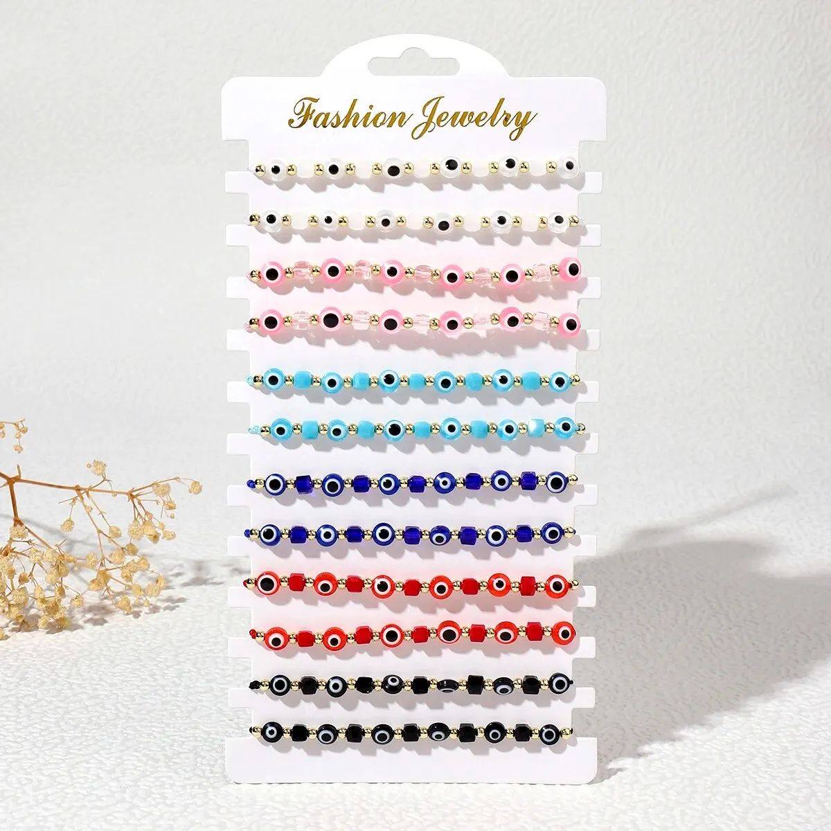 12pcs New Evil Eye Square Crystal Bracelet Handmade Prayer B