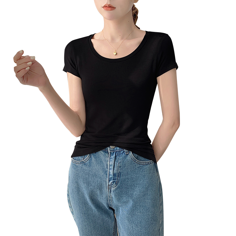 純棉黑色正肩圓領短袖T恤女夏季2024新款修身緊身小個子半袖上衣-Taobao