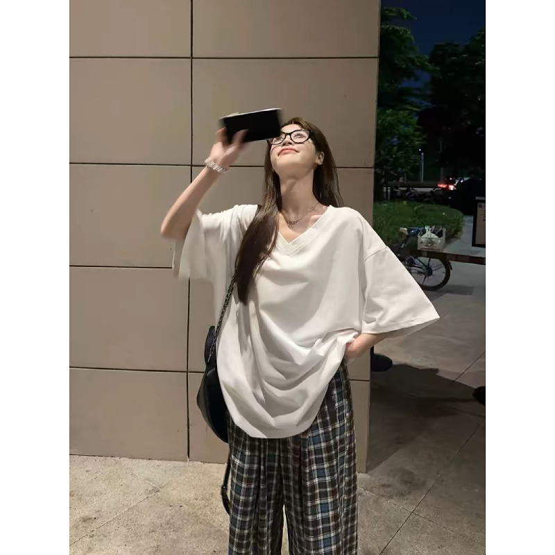 大码女装2025夏季新款胖mm慵懒风V领短袖T恤韩系宽松中长款上衣潮-Taobao