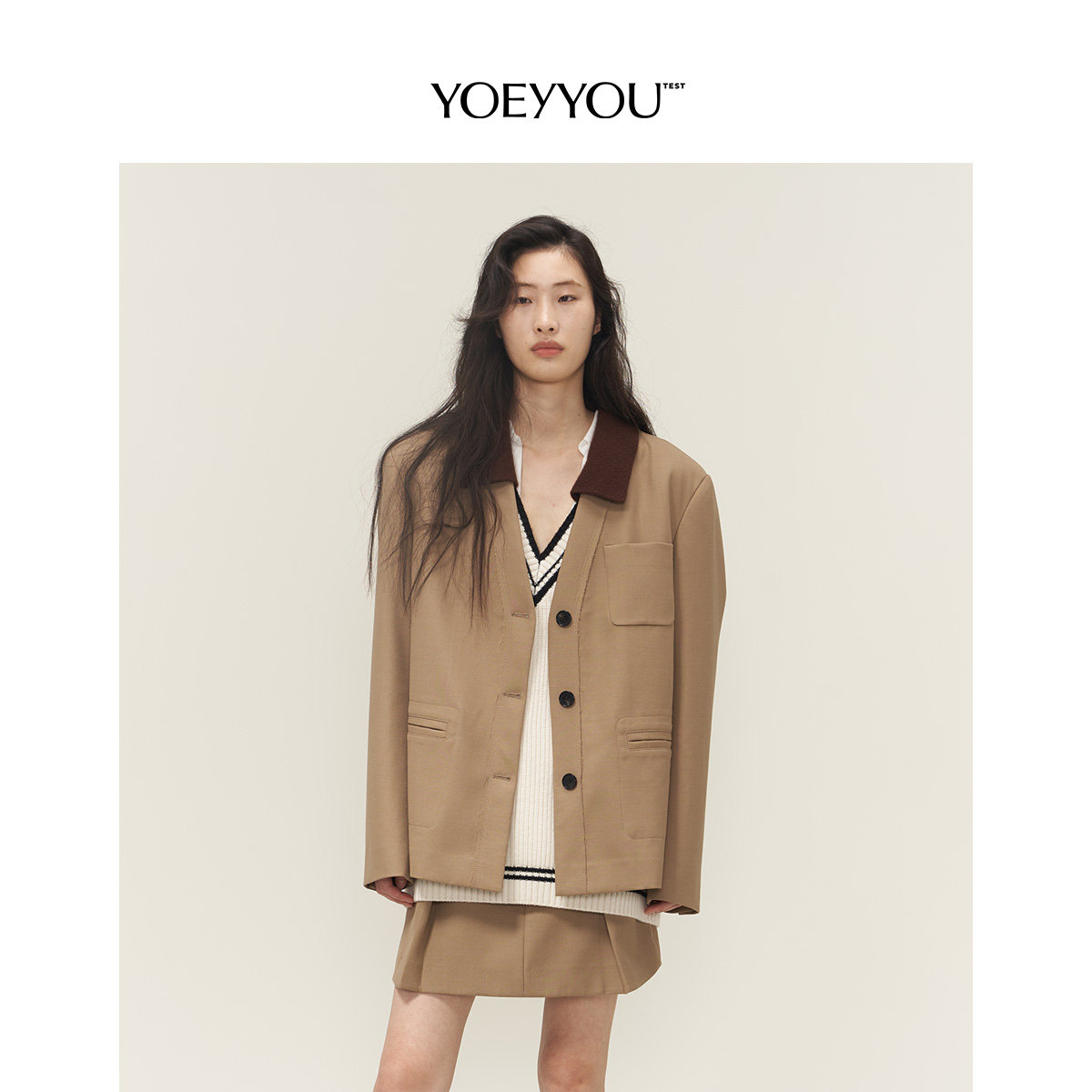 YOEYYOU开衫式西装外套女23秋新品羊毛混纺毛边休闲宽松廓形西服-Taobao
