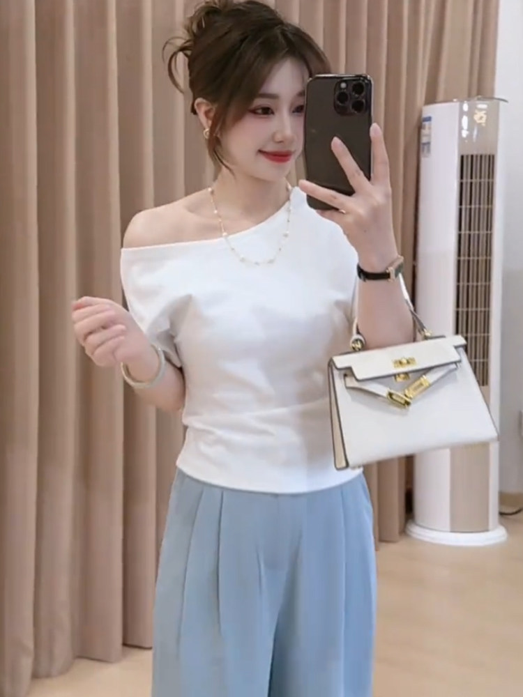 2025 summer new slanted neck off-shoulder fashionable short-sleeved T ...