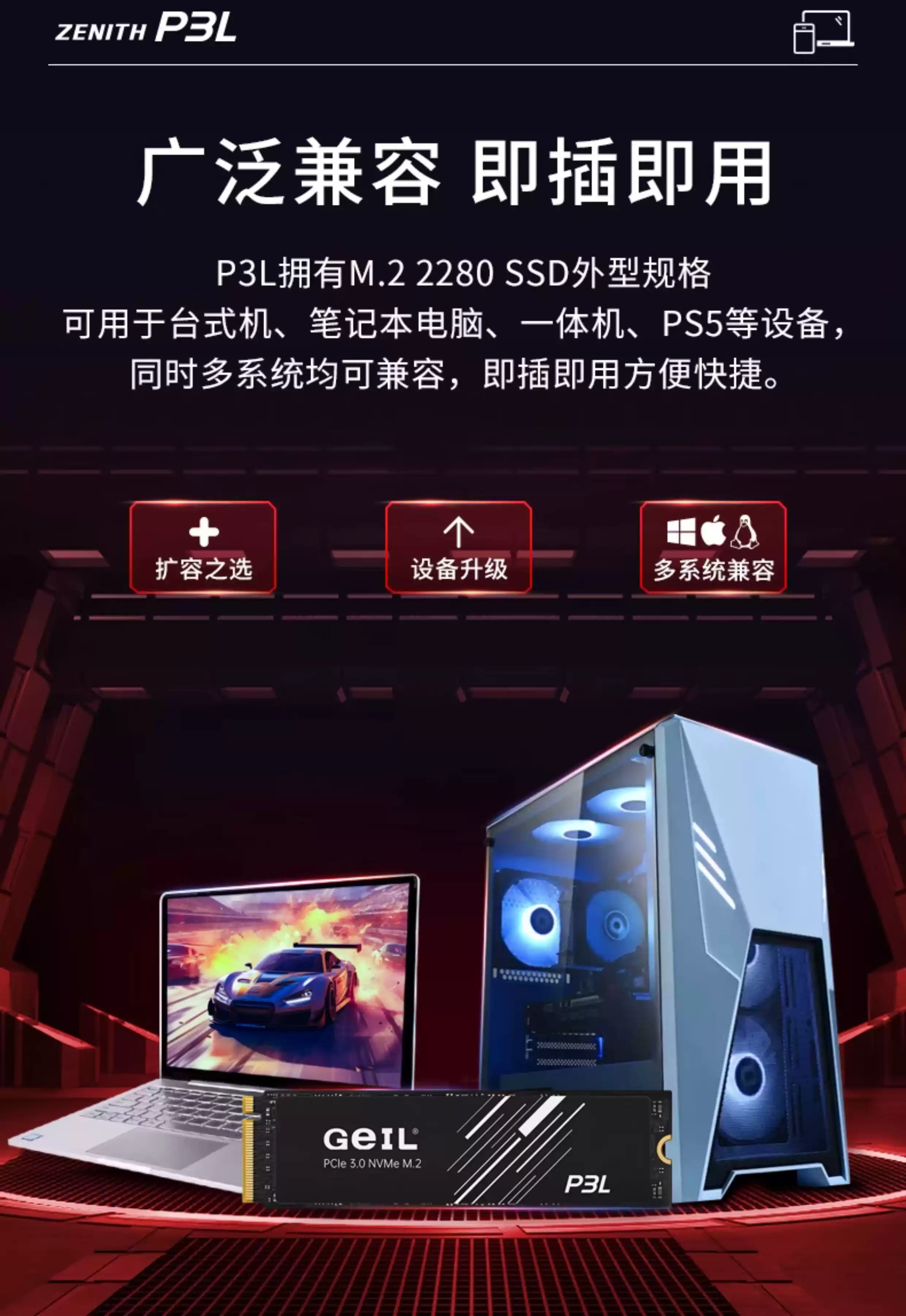 GeIL金邦P3L NVME M.2固态硬碟 512GB 1TB 2TB笔电台式机SSD