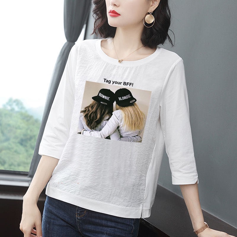 七分袖t恤女2025年春秋夏韓版寬鬆胖MM大尺碼女裝白色半袖上衣ins潮-Taobao