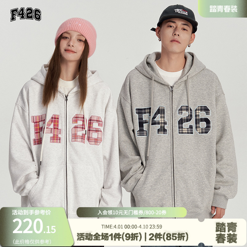 【F426官方店】国潮牌秋季情侣嘻哈宽松大logo格子贴布绣卫衣外套-Taobao