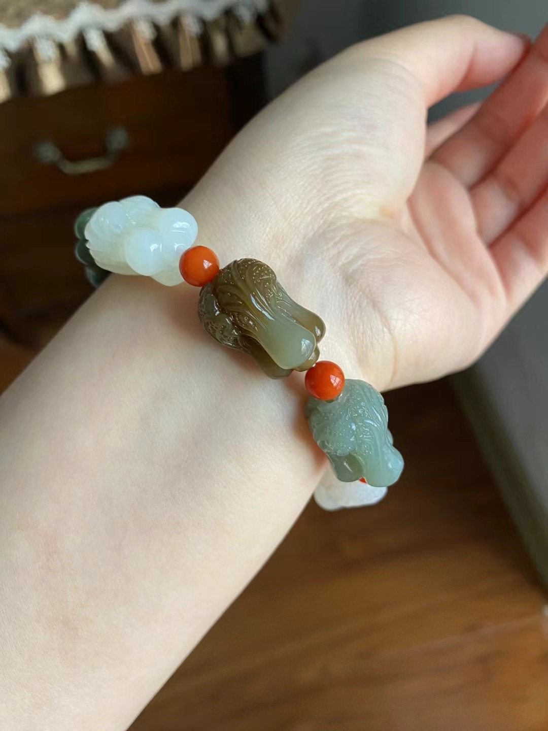 和田玉多宝多色福禄寿白菜手链手串 玉质温润油腻 总重约52.42g-Taobao