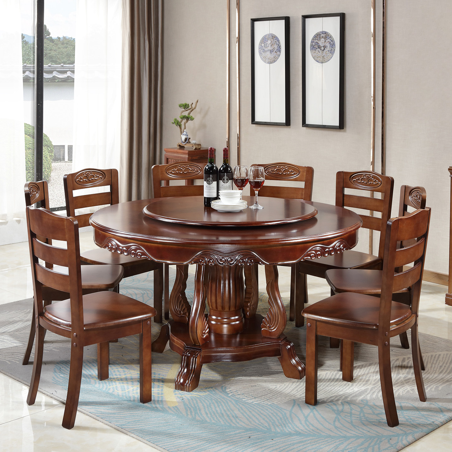 Solid Wood Dining Table and Chair Set Chinese-Style Large Round Table ...