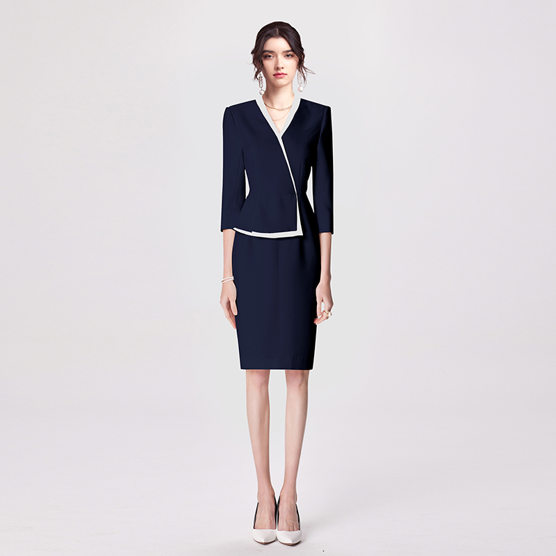 洋裝2022新款女裙子設計感小眾高級感藏青色撞色七分袖西裝裙OL-Taobao