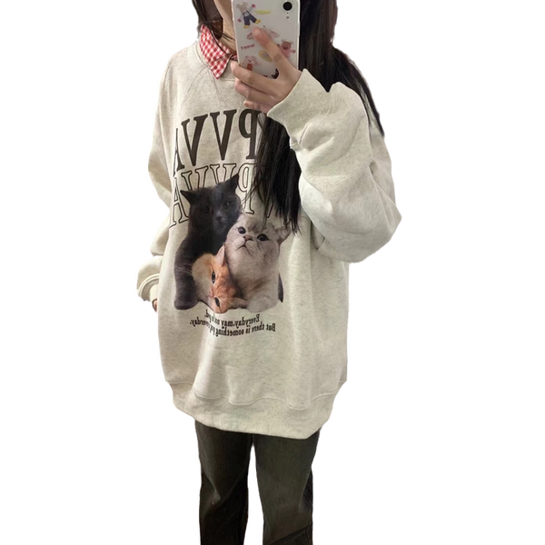 Women's right shoulder cat crew neck sweatshirt hoodless spring and ...