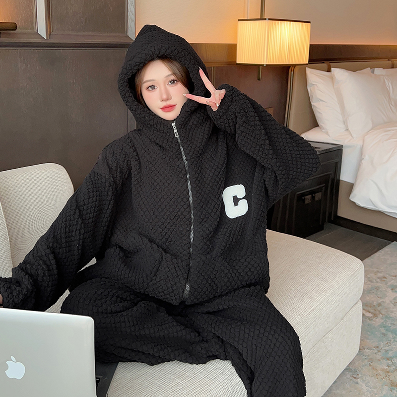 睡衣女秋冬季加厚珊瑚绒拉链宽松大码胖MM2-300斤可外穿家居服250-Taobao