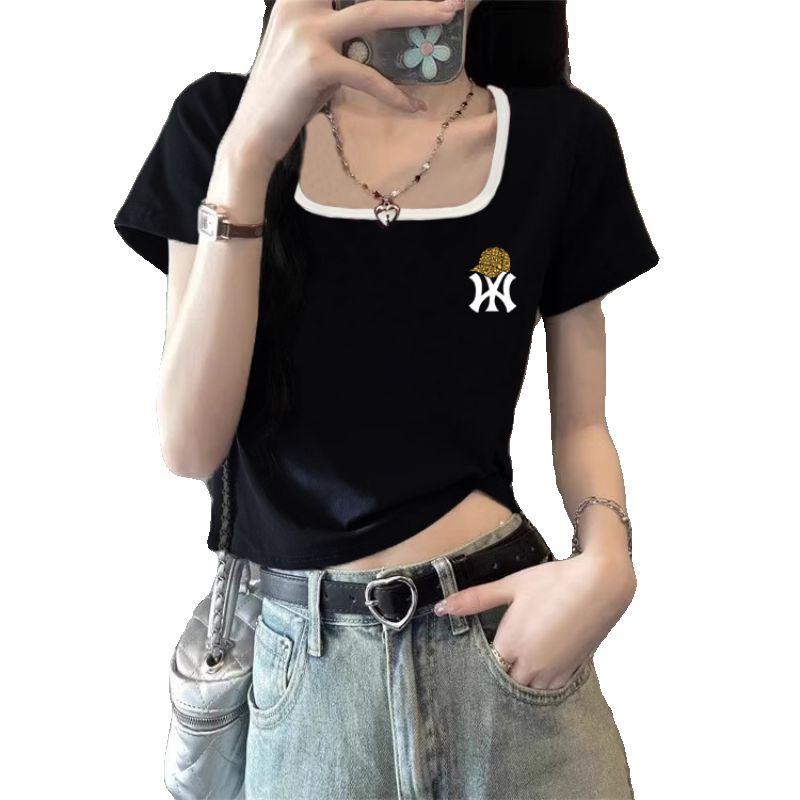 法式方領白色正肩chic短袖T恤女夏季短款ins高級感高腰基礎款上衣-Taobao