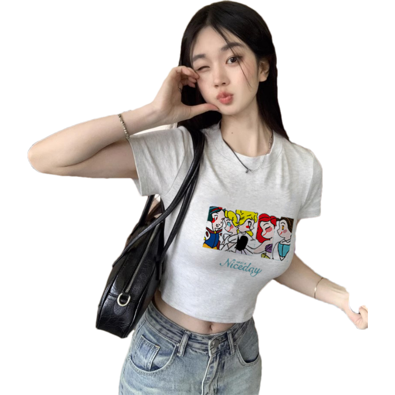 童趣小個子白灰色迪士尼公主印花半袖ins夏季甜辣妹短款純棉上衣-Taobao