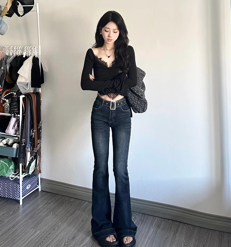 非实拍6025低腰显瘦微喇叭紧身175高个子加长版拖地牛仔裤女长裤-Taobao