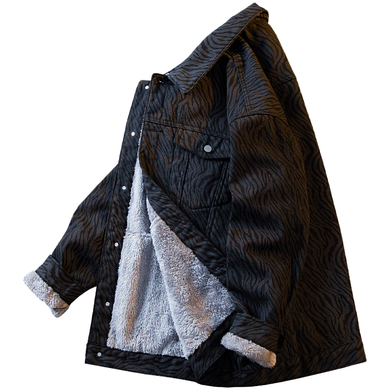 NY重磅斑马纹外套男士秋冬加厚加绒牛仔上衣潮牌休闲保暖冬装夹克