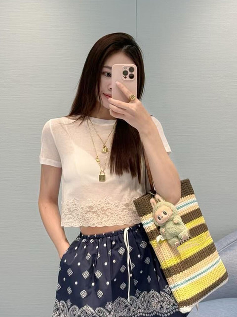 Ymiu white round neck loose short sleeve T-shirt lace embroidered pure ...