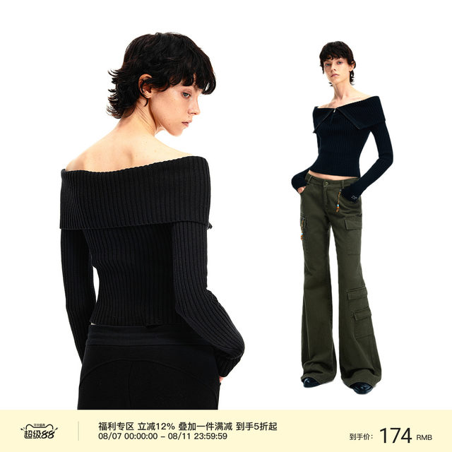 PUKI Retro One-Shoulder Zipper Lapel Slim Pit Strip Sweater Top