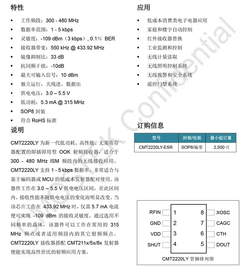 CMT2220LY华普微315/433MHz无线接收射频芯片高灵敏度替代SYN531R