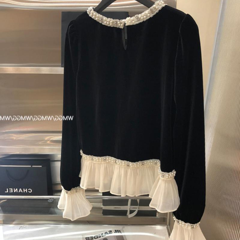 胖mm大尺碼2-300斤寬鬆遮肉木耳邊拼接上衣女春秋季小香風打底衫ins-Taobao