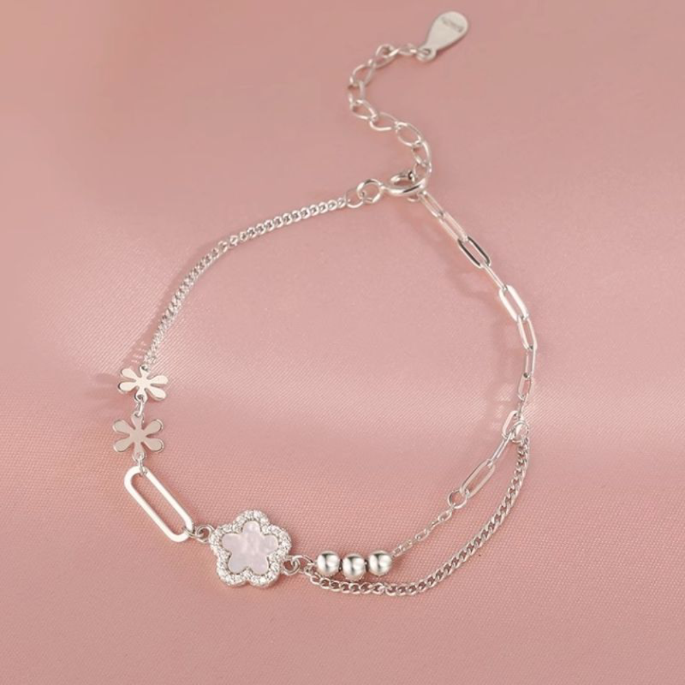 925銀五花手錬女士純銀輕奢小眾高級感閨蜜二人銀珠貝殼手飾-Taobao