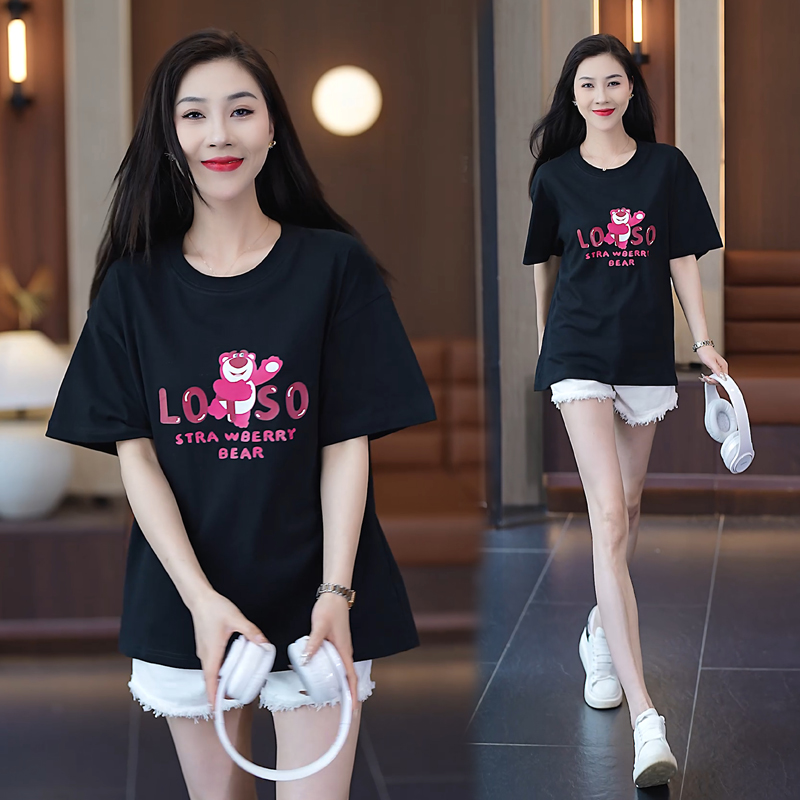 纯棉宽松百搭T恤女2024年夏季新款女装时尚洋气印花短袖休闲上衣-Taobao