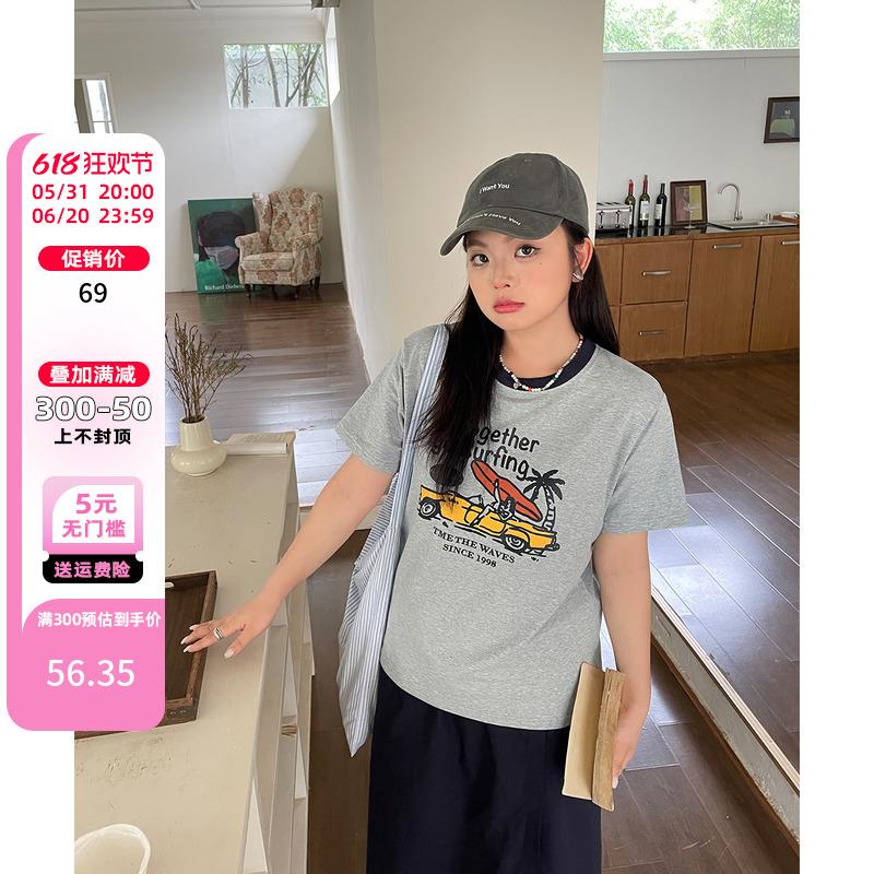 大码女装夏季胖mm百搭休闲圆领可爱减龄卡通印花显瘦短袖t恤上衣-Taobao