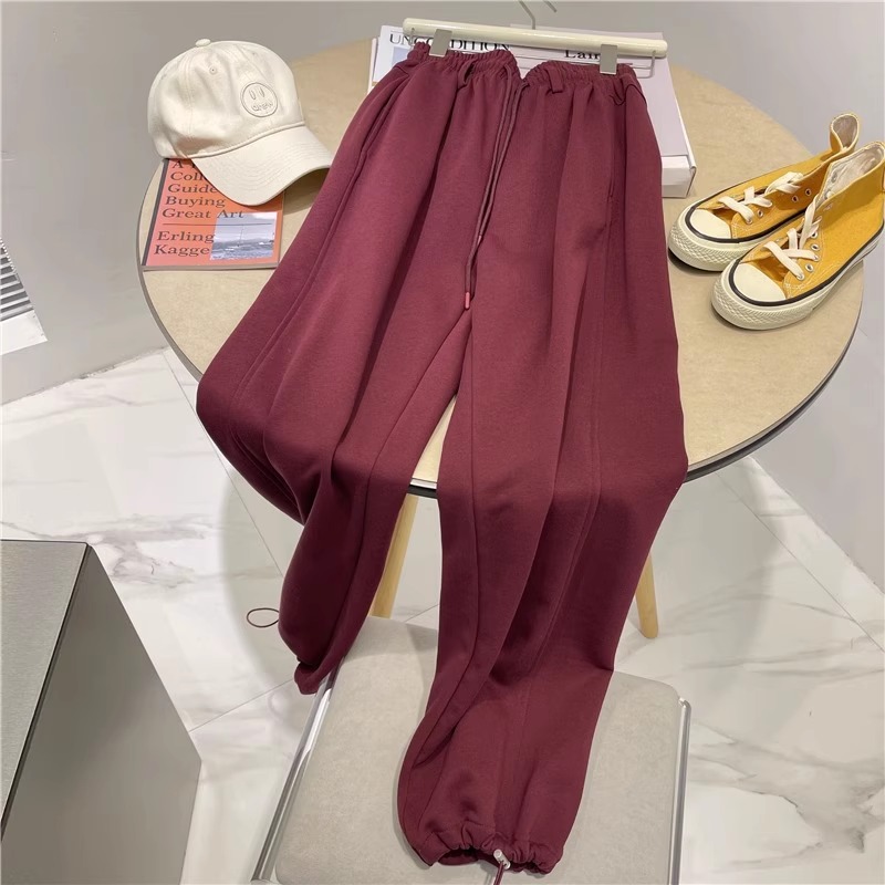 特大码300斤纯色休闲运动裤男女春秋季港风复古宽松显瘦阔腿裤ins-Taobao