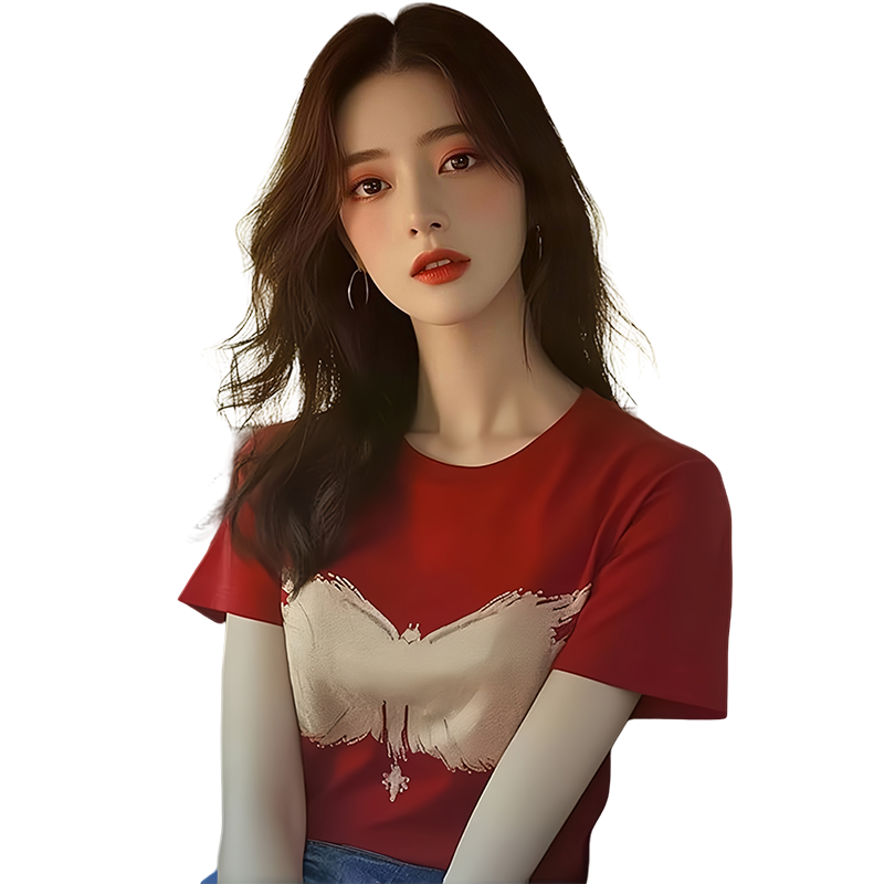 红色多巴胺印花正肩短袖T恤女2024新款夏季冷淡系高级感独特上衣-Taobao