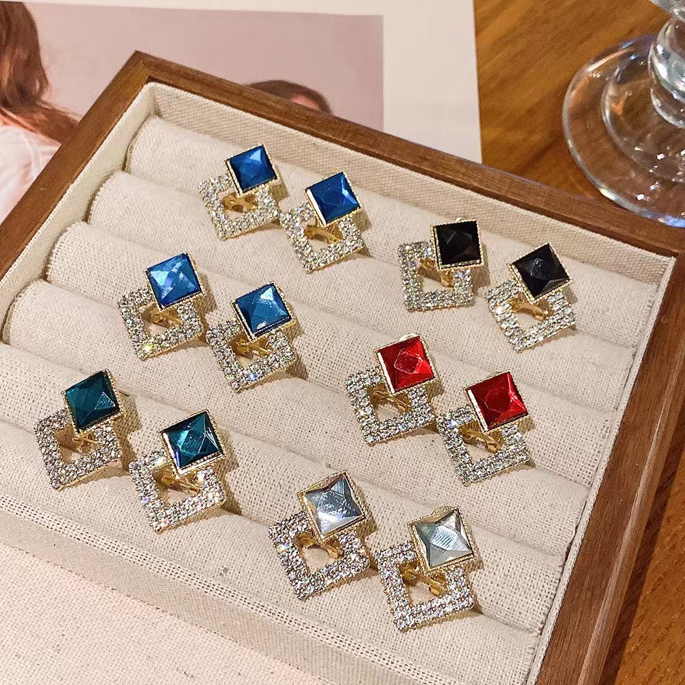 925防銀針水鑽黑水晶菱形耳針雙菱形輕奢鑲鑽耳環低調奢華耳飾女-Taobao