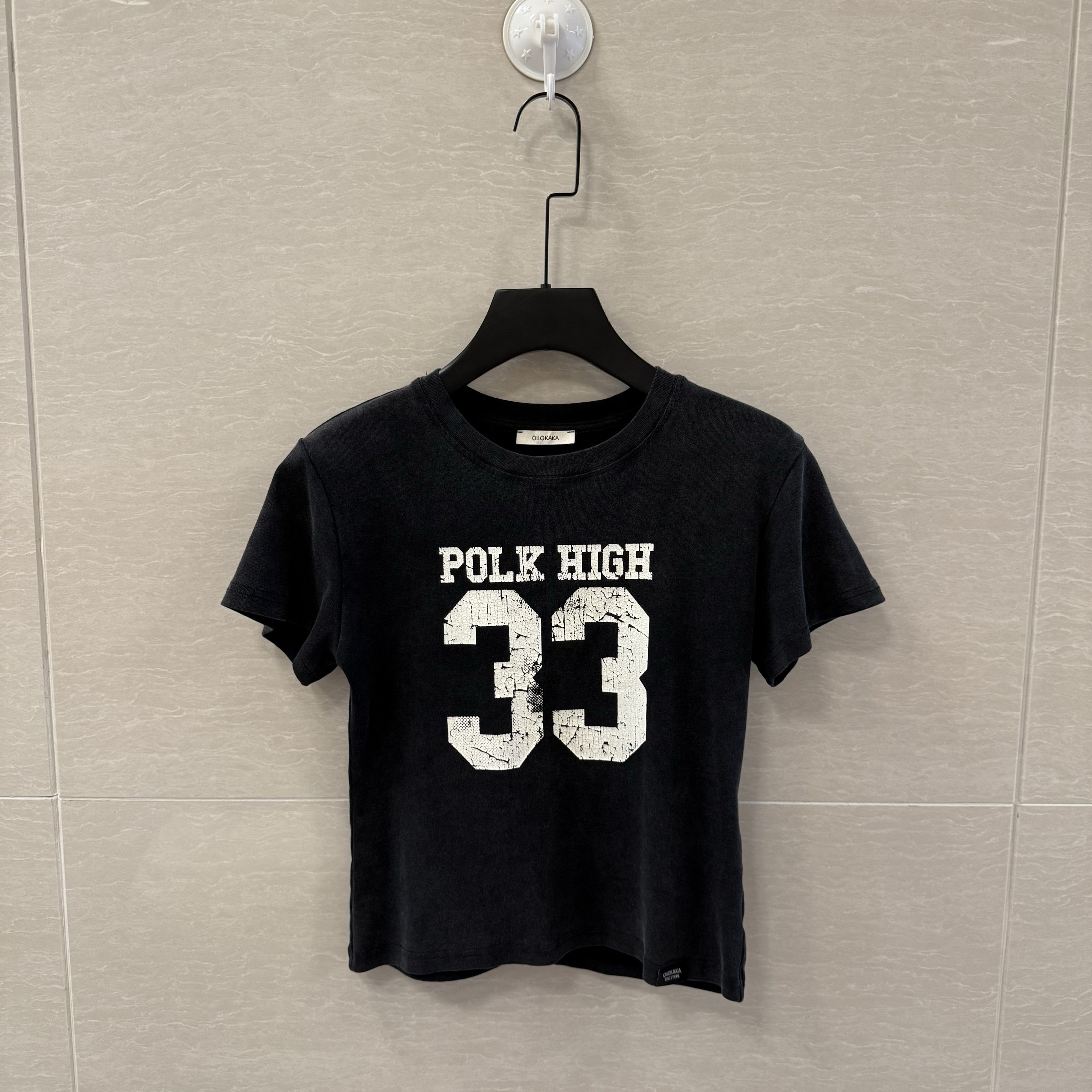 南油設計師款 Tlisa時髦小眾 33號字母印花做舊T恤女 辣妹街頭短T