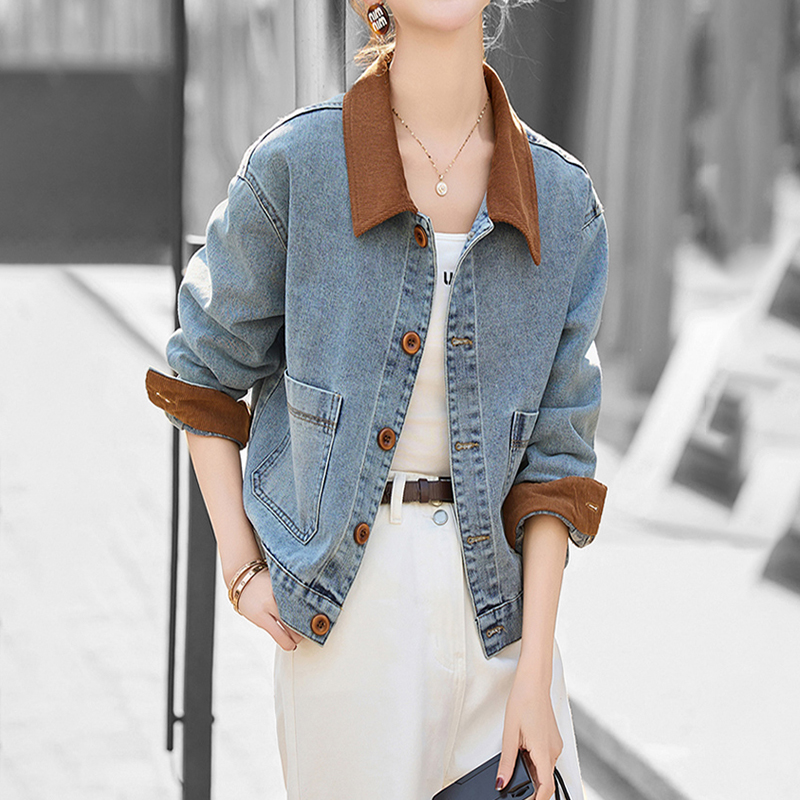Mapping香港轻奢高端休闲翻领牛仔外套女时尚气质拼色宽松上衣-Taobao