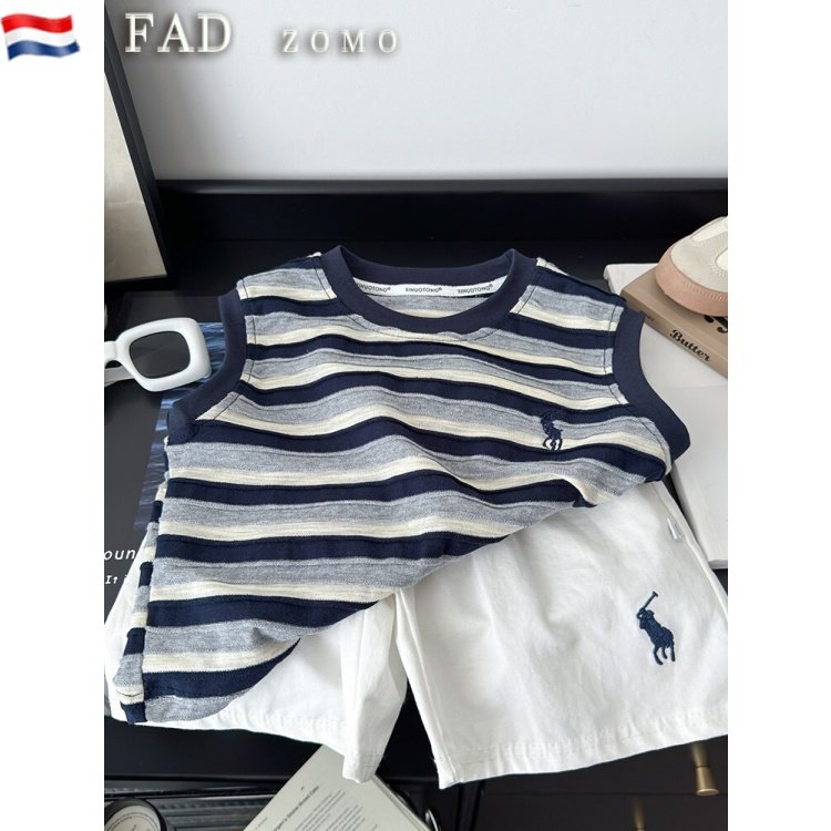 法国Fad Zomo儿童短袖T恤套装2025夏季男女童藏青上衣背心吊带
