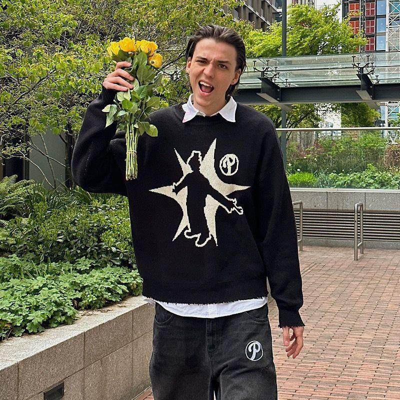 Hip hop clothing, knitted sweaters, men's printed