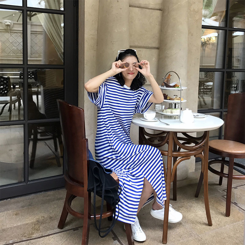 夏季新款时尚露背冰丝针织长款胖MM大码气质宽松V领过膝连衣裙ins-Taobao