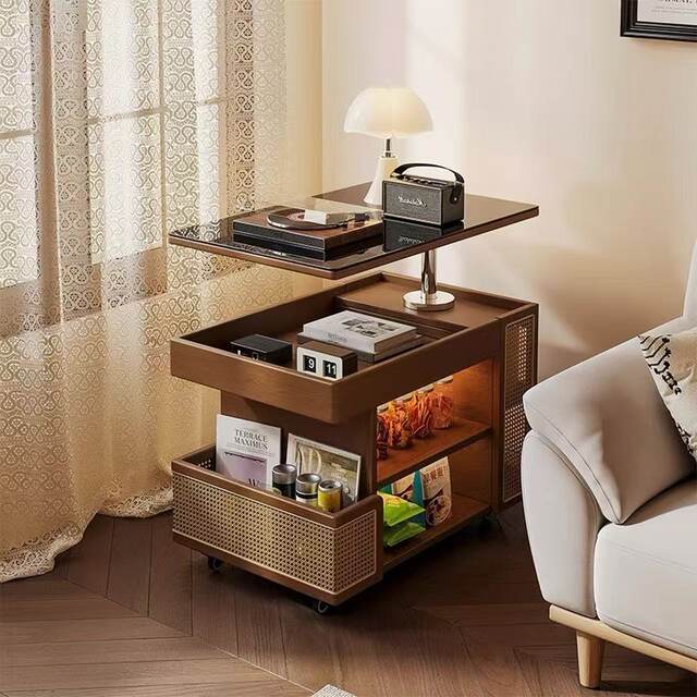 Retro solid wood mobile side table new style liftable and wheeled ...