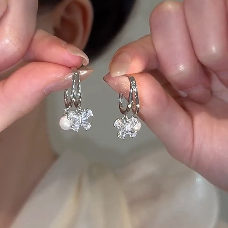 法式温柔蝴蝶锆石珍珠耳环925银针耳钉爆款轻奢气质百搭精致耳饰-Taobao