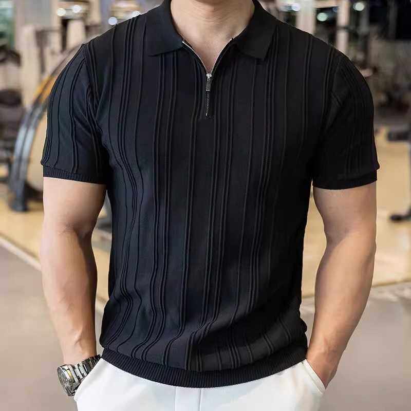 美式純色短袖條紋POLO衫男夏季日系cityboy半拉鍊T恤潮牌寬鬆復古-Taobao