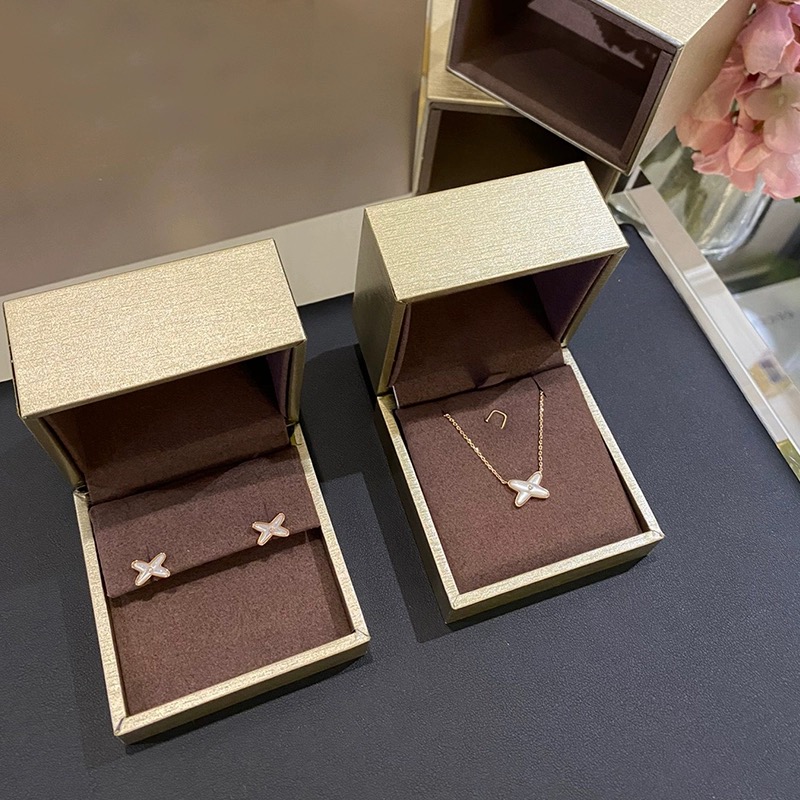 高版本白贝母交叉项链耳钉女925纯银镀18k金轻奢小众高级感锁骨链-Taobao