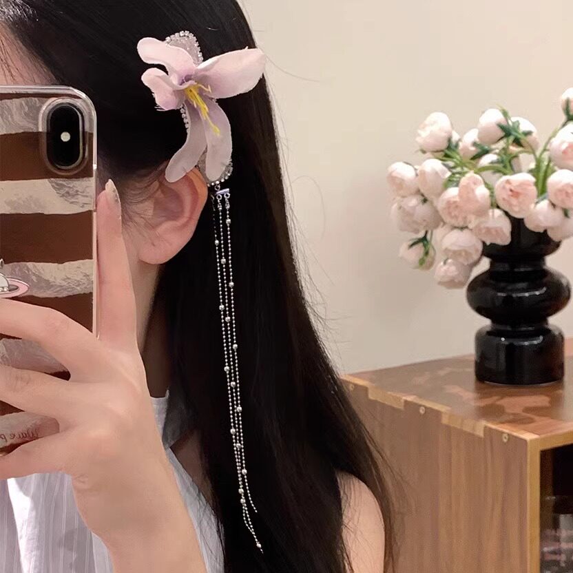 Spring Sweet Fabric Flower Side Hair Clip, Feminine Tassel Rhinestone ...
